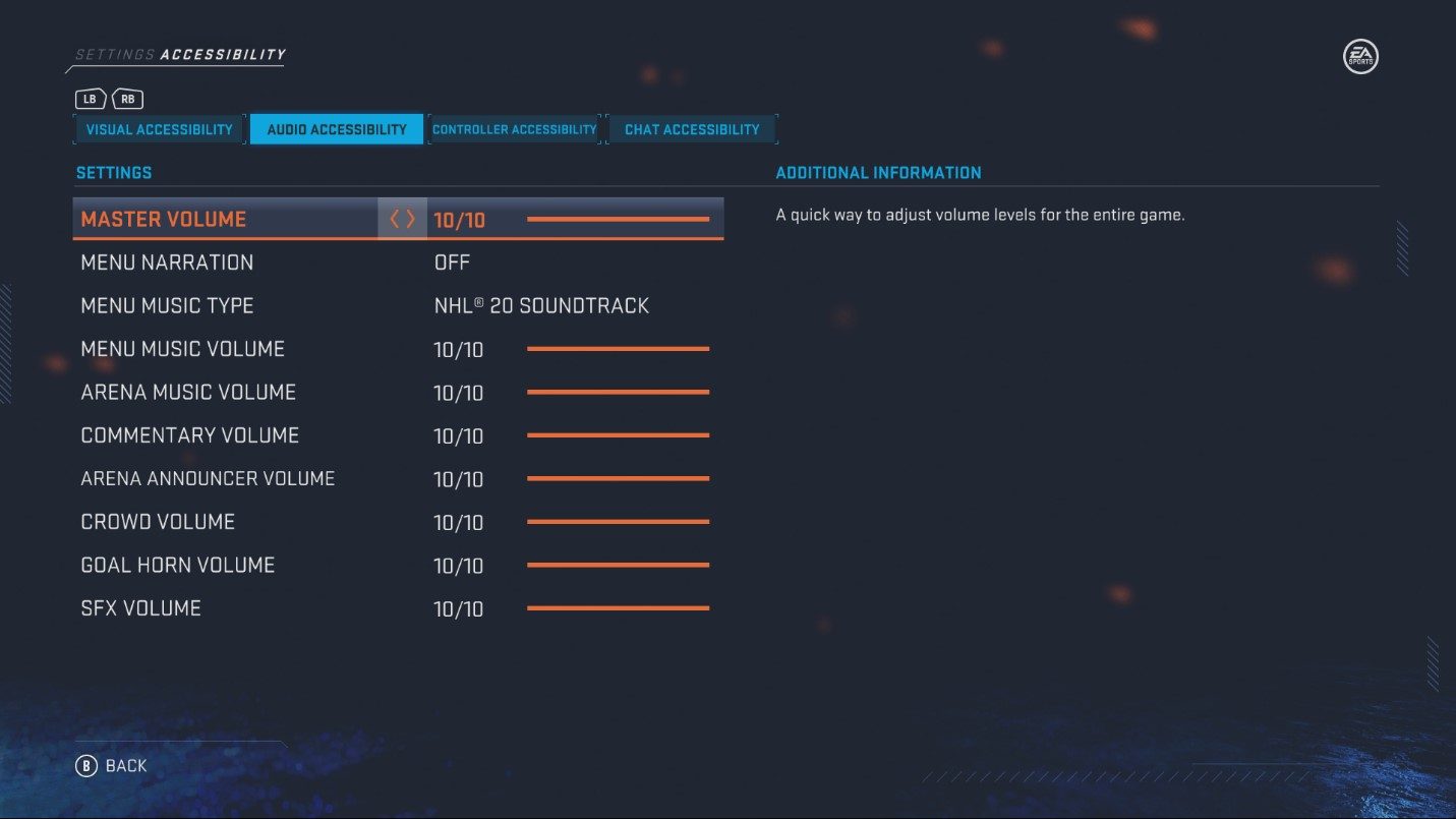 NHL 20 Accessibility Settings For Xbox One
