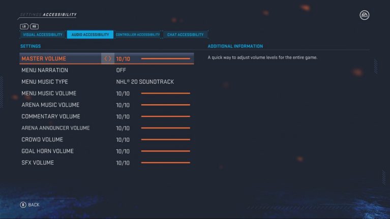 NHL 20 Accessibility Settings For Xbox One