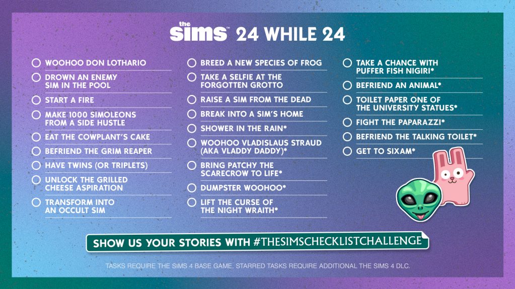 The Sims 24 While 24 Checklist Challenge