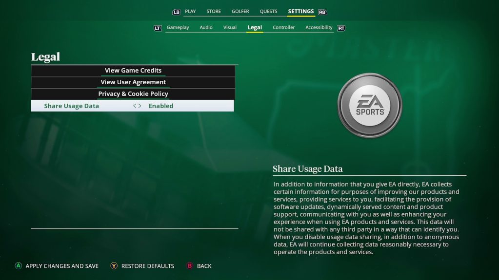 EA Sports PGA Tour Legal Settings For Xbox Series X - An Official EA Site