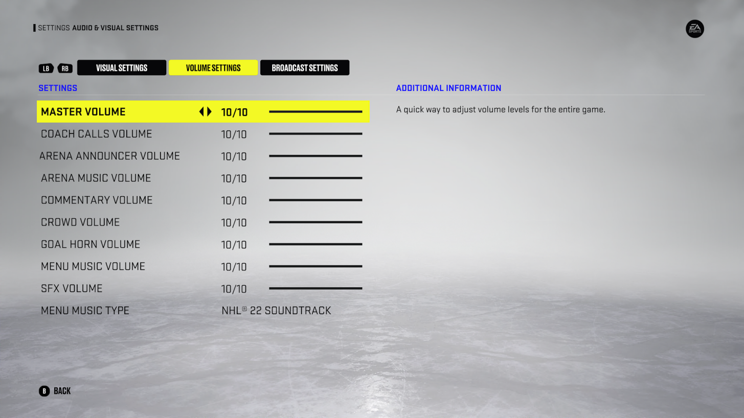 NHL 22 Audio/Visual Settings For Xbox Series X - An Official EA Site