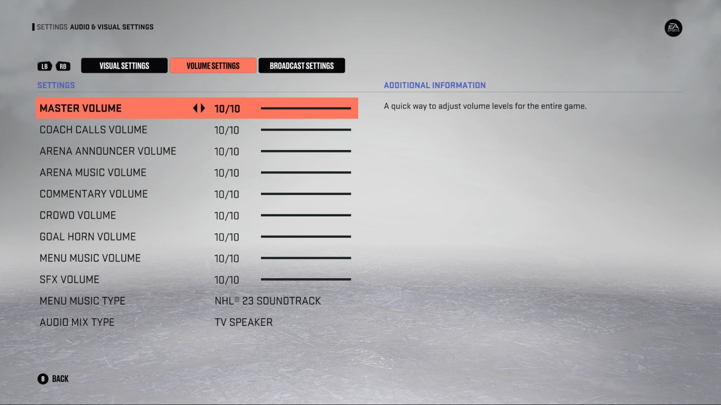 NHL 23 Audio/Visual Settings For Xbox Series X - An Official EA Site